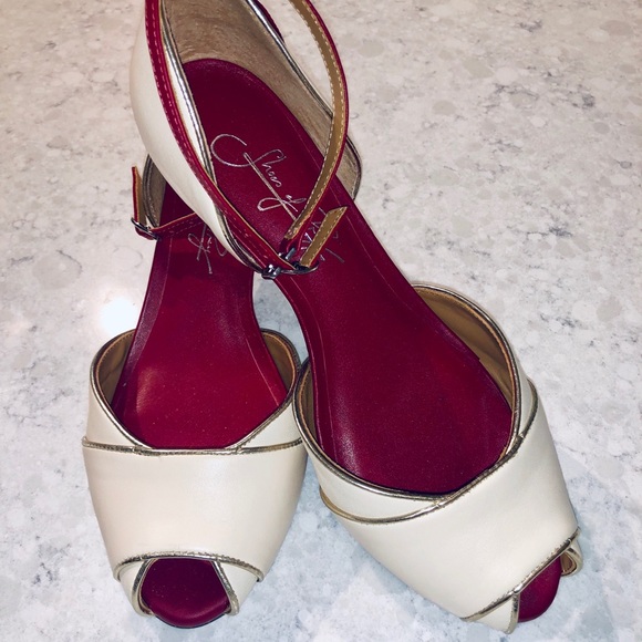Shoes of Prey | Shoes | Cream And Red Shoes Of Prey Ankle Strap Heels ...